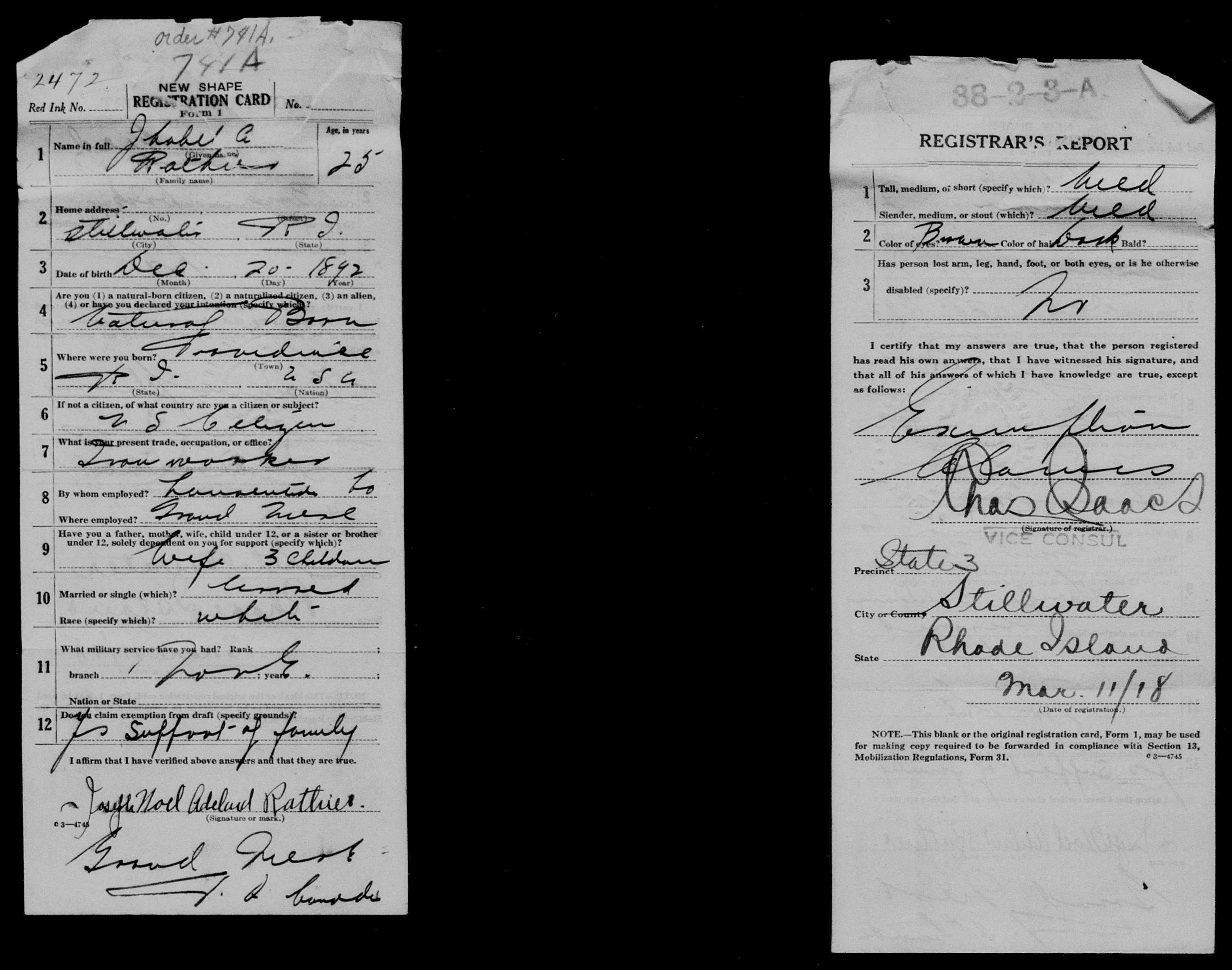 Documents: Rathier, Joseph Adelard - World War I United States ...